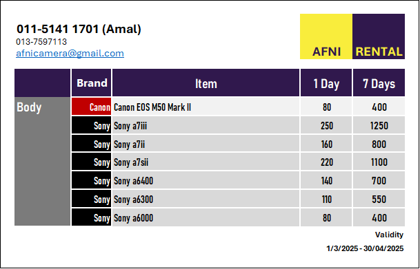 Senarai Harga – AFNI Rental